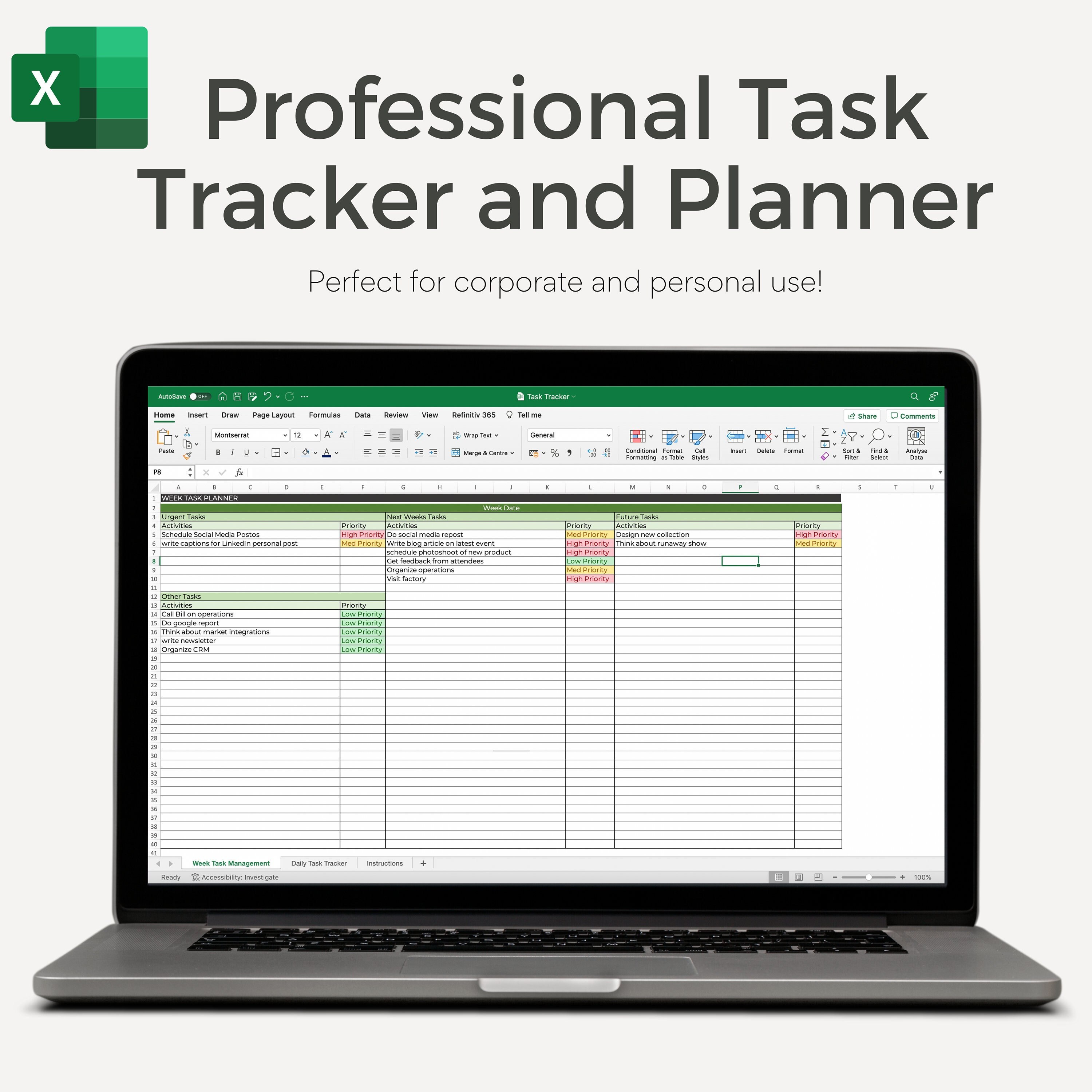 Excel Task Tracker and Planner, To-do List, Corporate and Personal Task ...