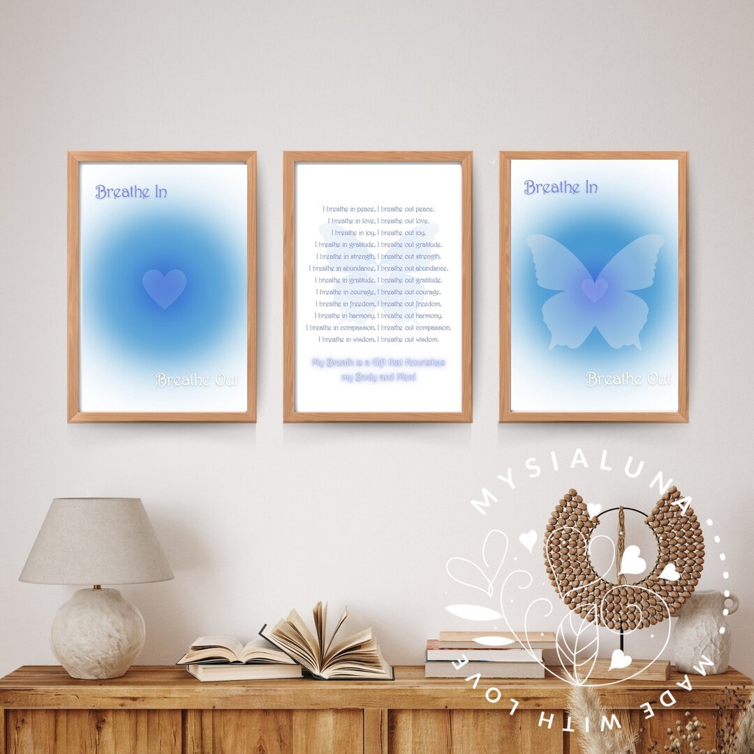 Breathe In-out Wall Art Set,breathing Affirmations Printable,blue Aura ...