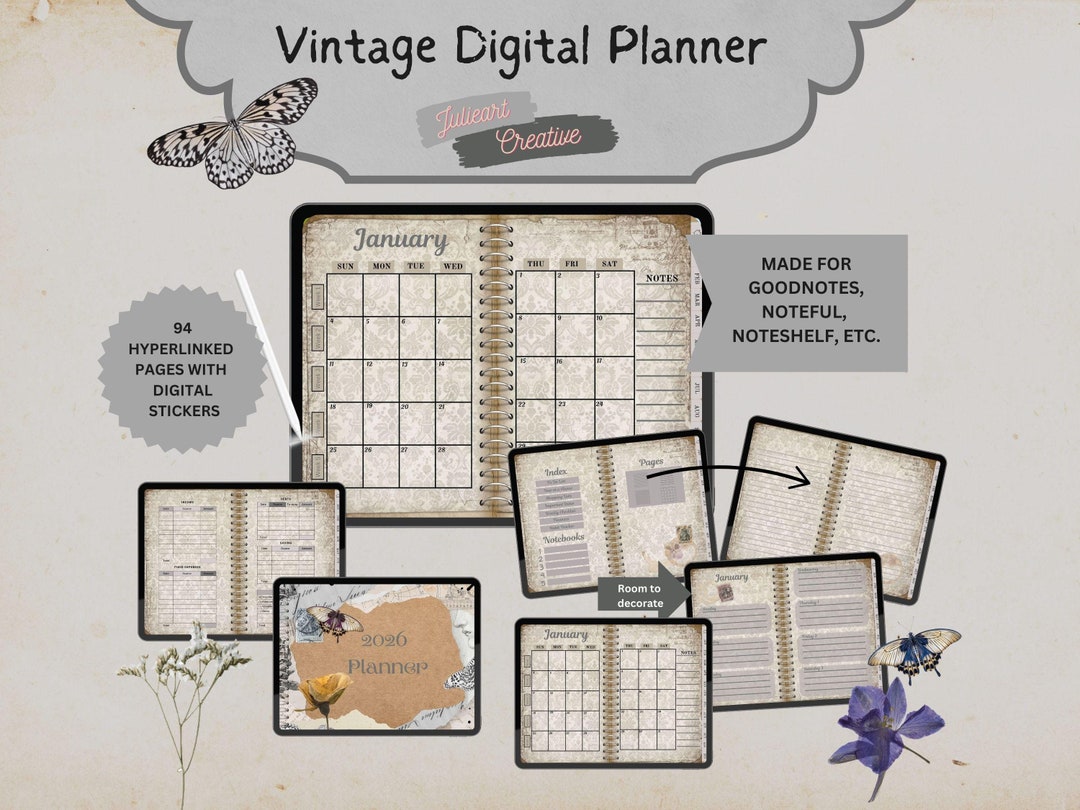 2026 Digital Planner Grey Vintage Style Sunday Start - Etsy