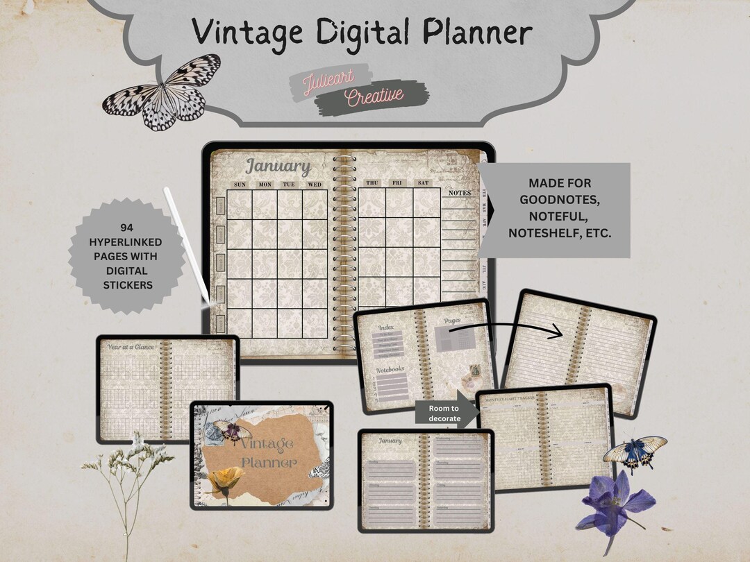 Undated Digital Planner Vintage Planner Gray - Etsy