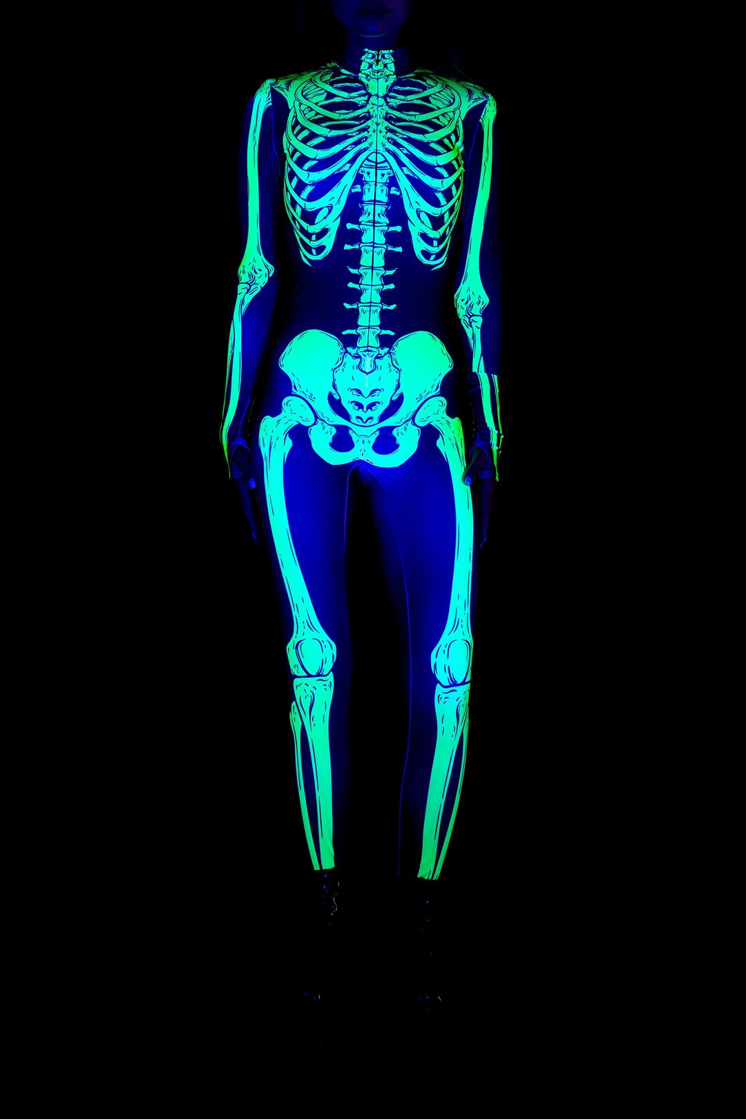 UV Reactive Adult Halloween Costume, Green Skeleton Costume Women, UV ...