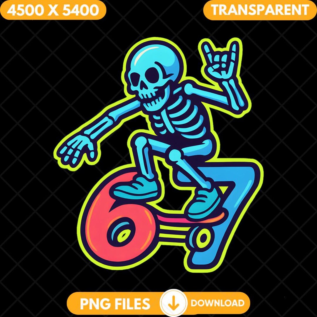 Skater Skeleton 67 Png, Neon Retro Skeleton on Skateboard Sublimation ...