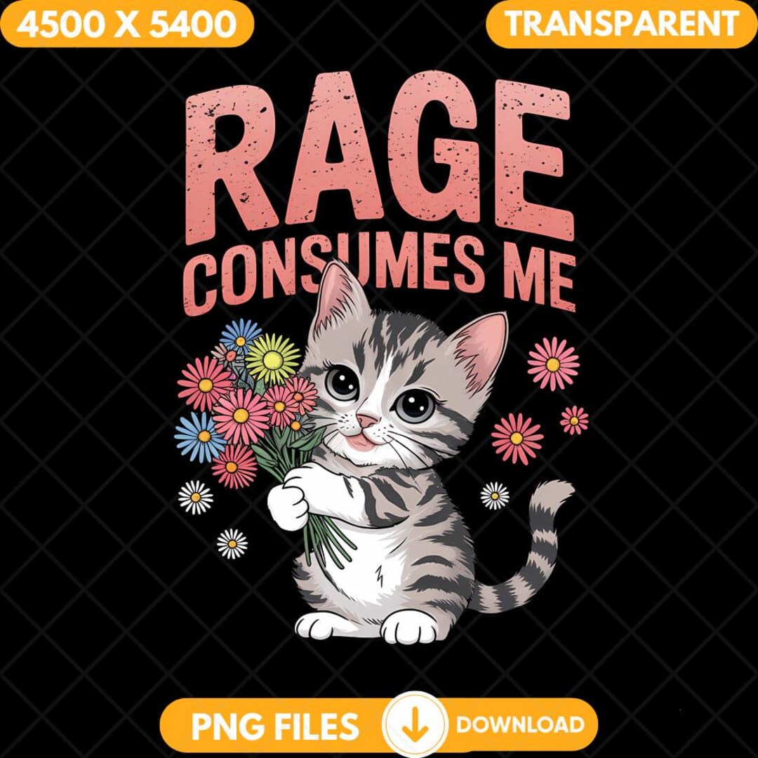 RAGE CONSUMES ME Png, Cute Kitten Holding Flowers Sublimation Design ...