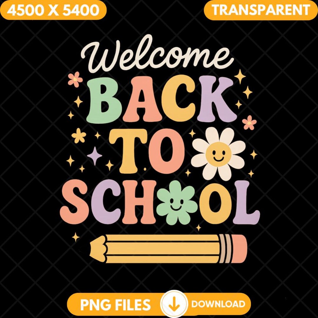 Welcome Back to School Groovy Png, Smiling Flower Design, Retro Pencil ...