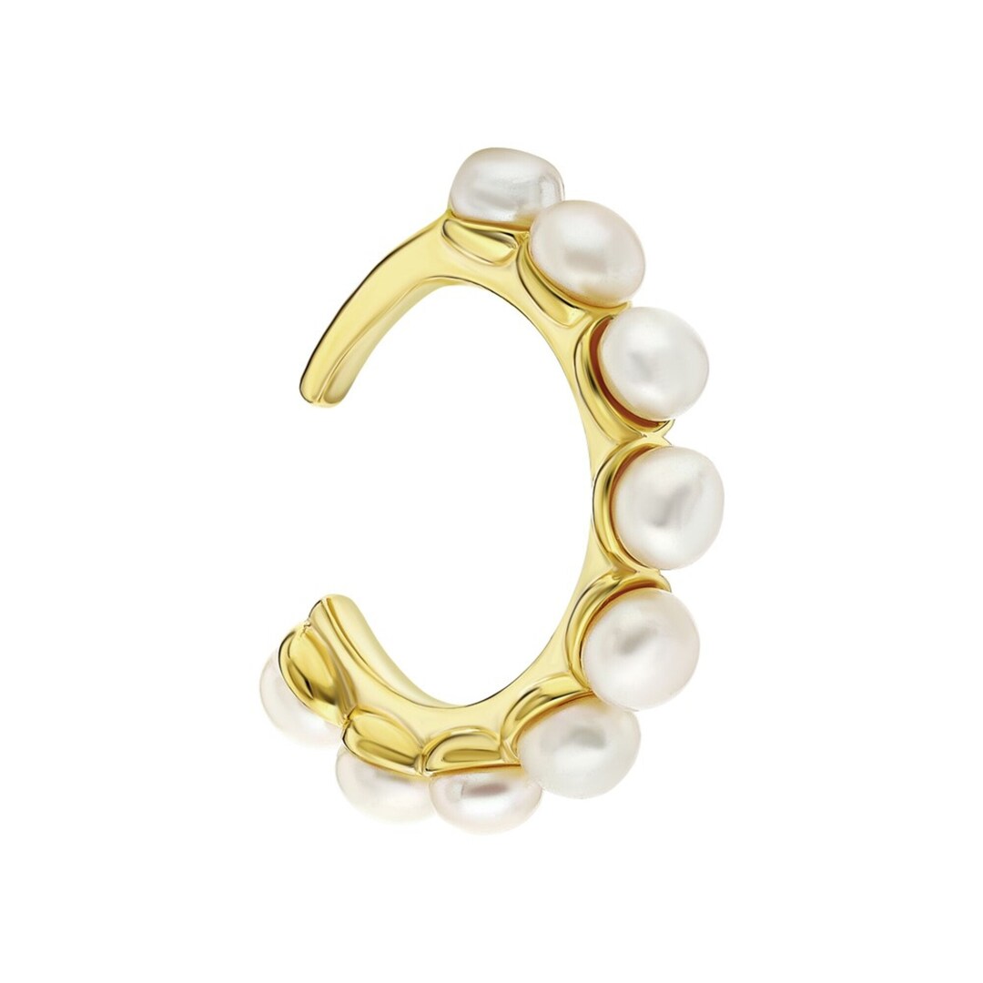 14k Gold Pearl Ear Cuff, C Shape Clip Earring, Natural Pearl Ear Cuff ...