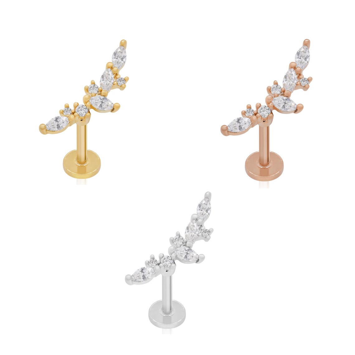 14K Gold Diamond Leaf Stud Piercing, Marquise Cluster Helix Piercing ...
