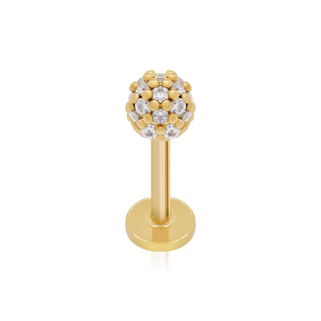 14k Gold Pave Dome Diamond Piercing, Diamond Ball Straight Piercing ...