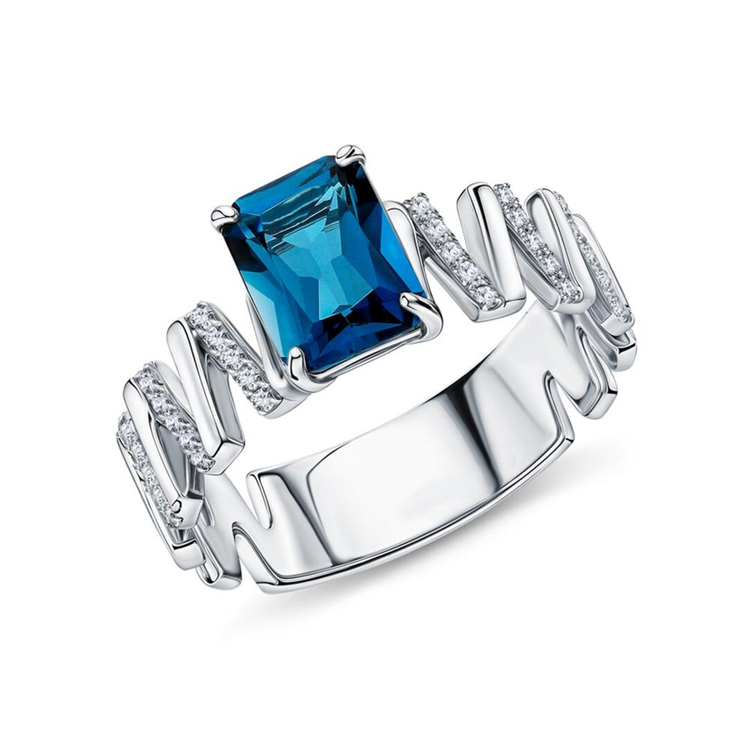 Arctic Blue Emerald Cut Ring | 14k Gold Zigzag Diamond Band | 0.29ct ...