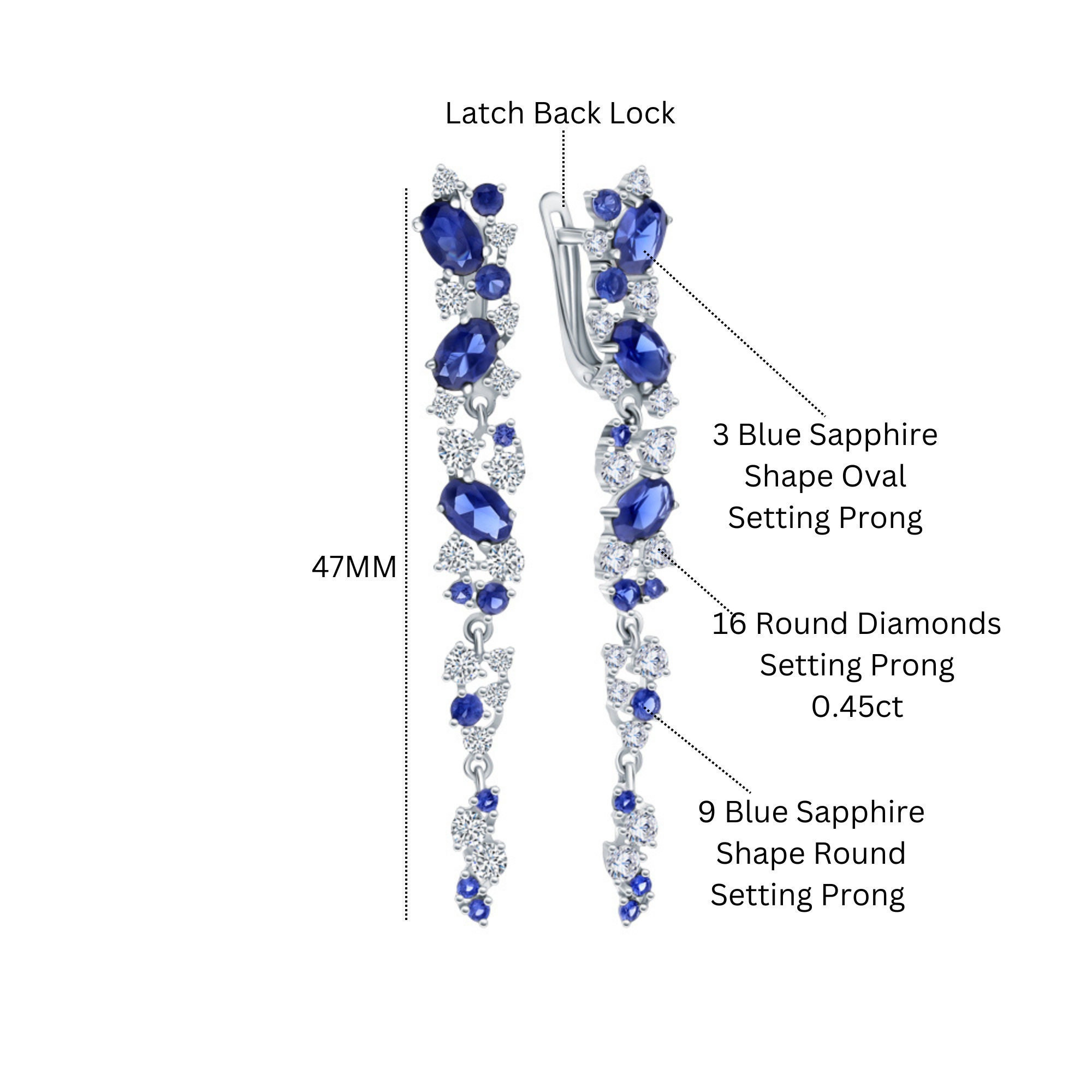 Long Drop 14kt White Gold Drop Earrings Diamond and Sapphires Dangle Earring Navy Blue Bridal Earring Girls and Women Etsy