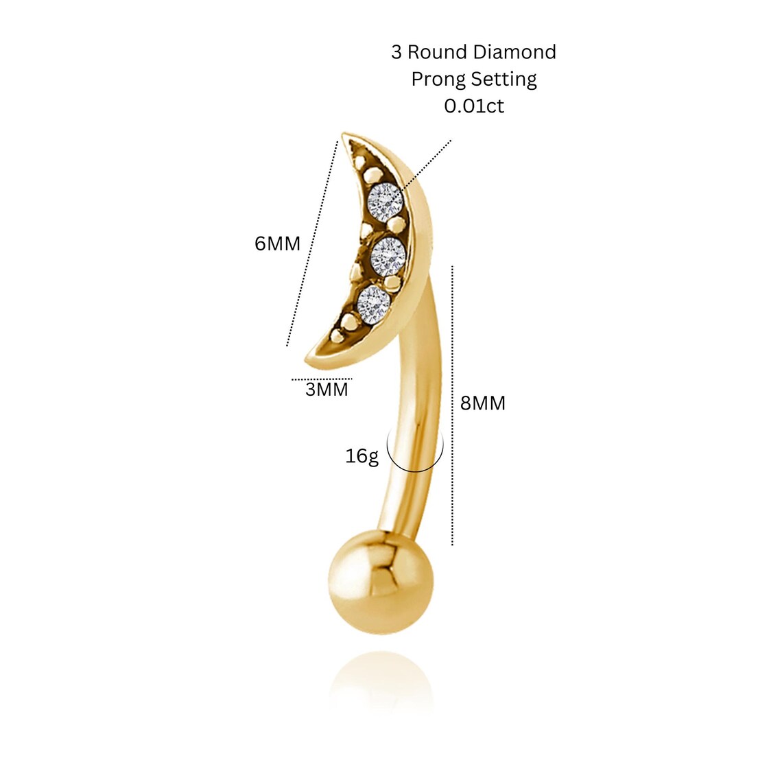 Moon Belly Piercing Crescent Diamond Rook, 14K Gold Half Ball Earring ...