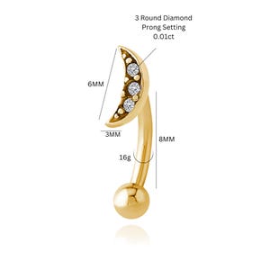 Crescent Diamond Moon Rook Piercing, 14K Gold Half Moon Ball Earring ...