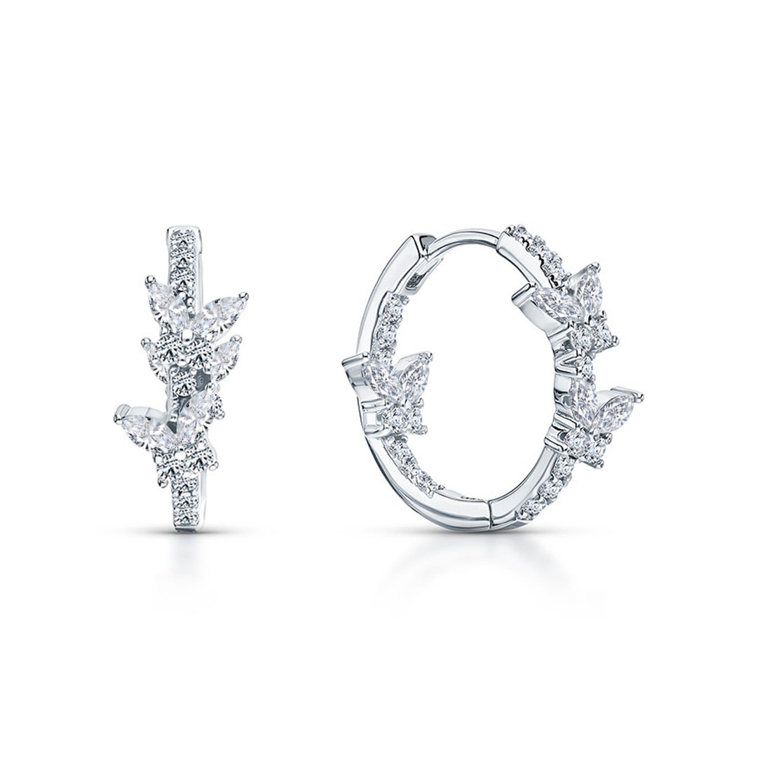 14k Gold Diamond Inside Butterfly Hoop Earrings, Marquise Butterfly ...