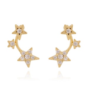 Tiny Diamond Star Ear Climber • 14K Triple Star Helix Earring ...