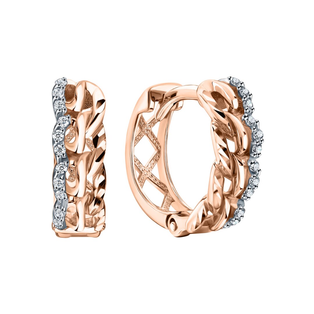 Chain Link Hoop Earring | 14K Solid Gold Pavé Diamond Huggie | Single ...