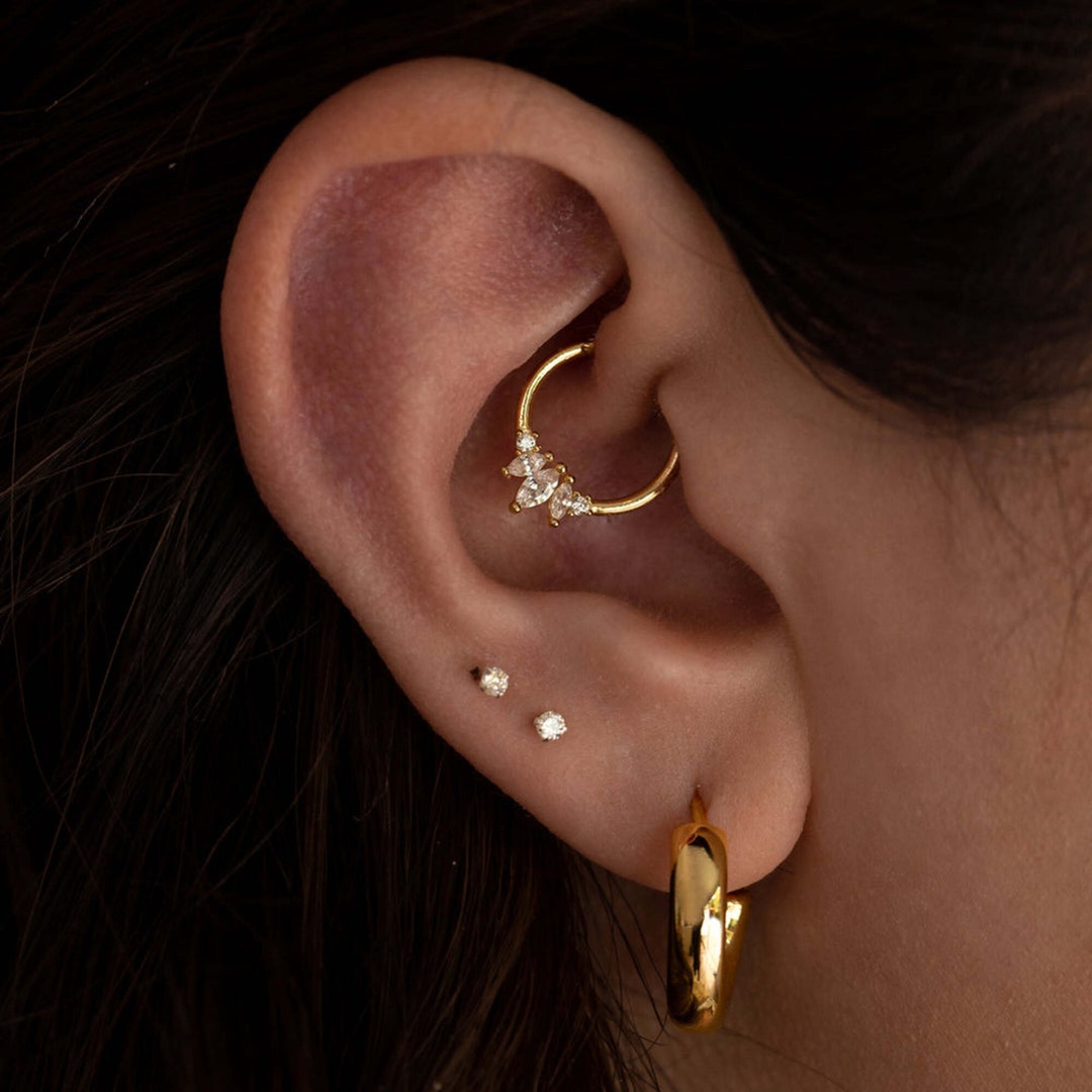 14k Gold Marquise Diamond Cartilage Hoop / Dainty Helix Piercing Rin ...
