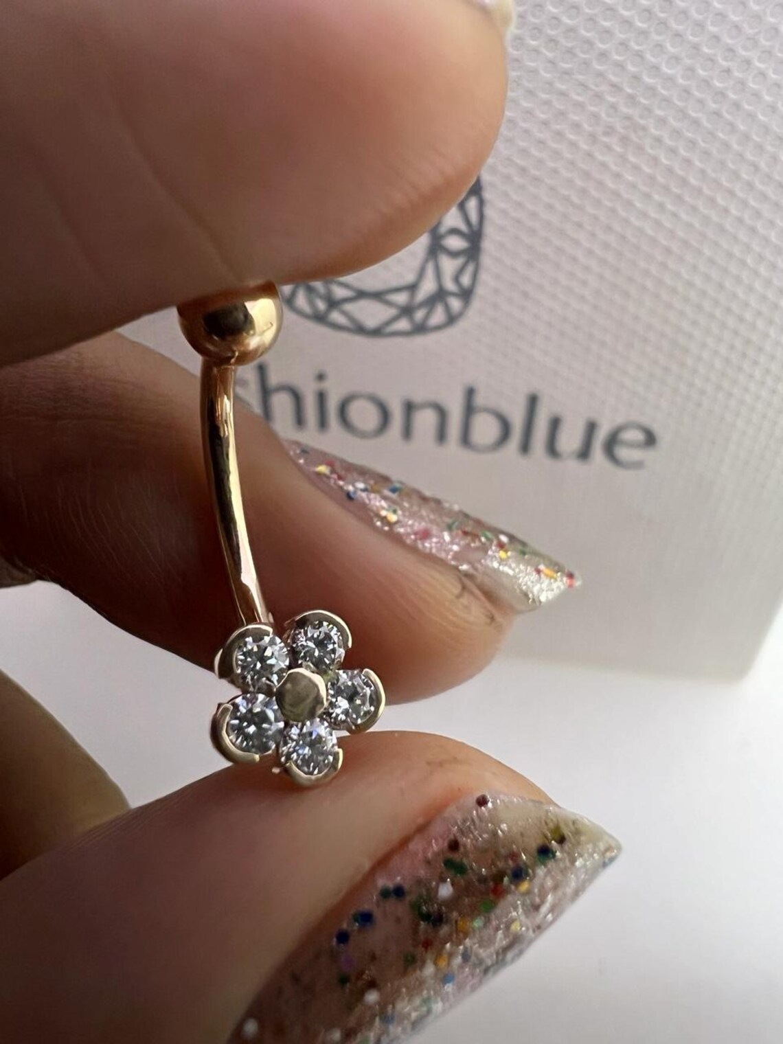 14K Gold Flower Belly Button Ring | Dangle Navel Piercing Bar | Solid ...