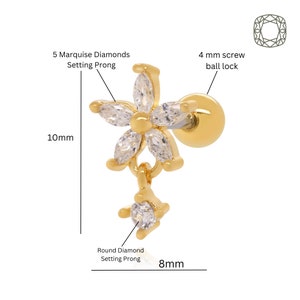 14k Gold Cartilage Flower Piercing, Helix Piercing, Marquise Drop ...