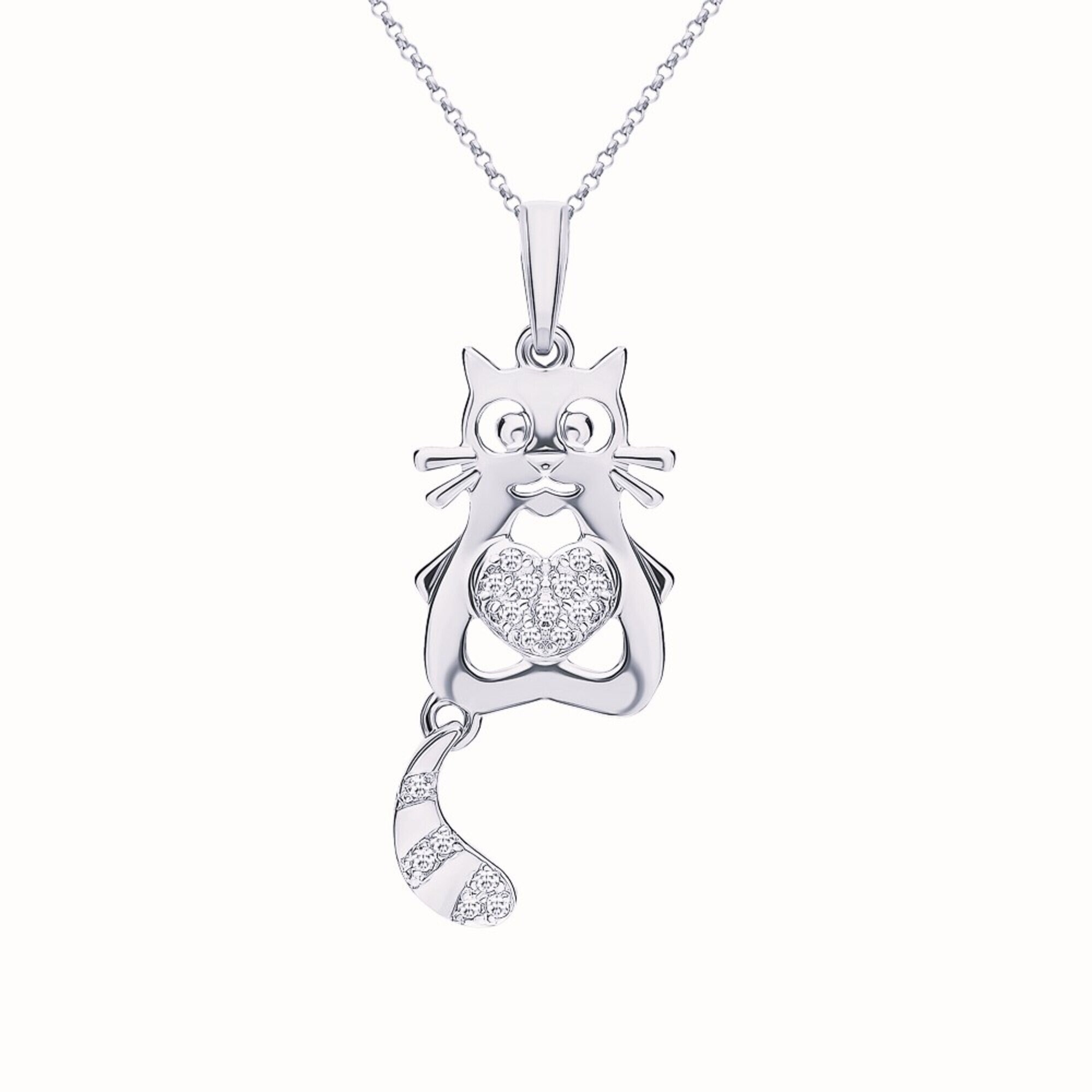 14k Solid Gold Diamond Kitty Cat Necklace, Diamond Heart Animal Gold ...