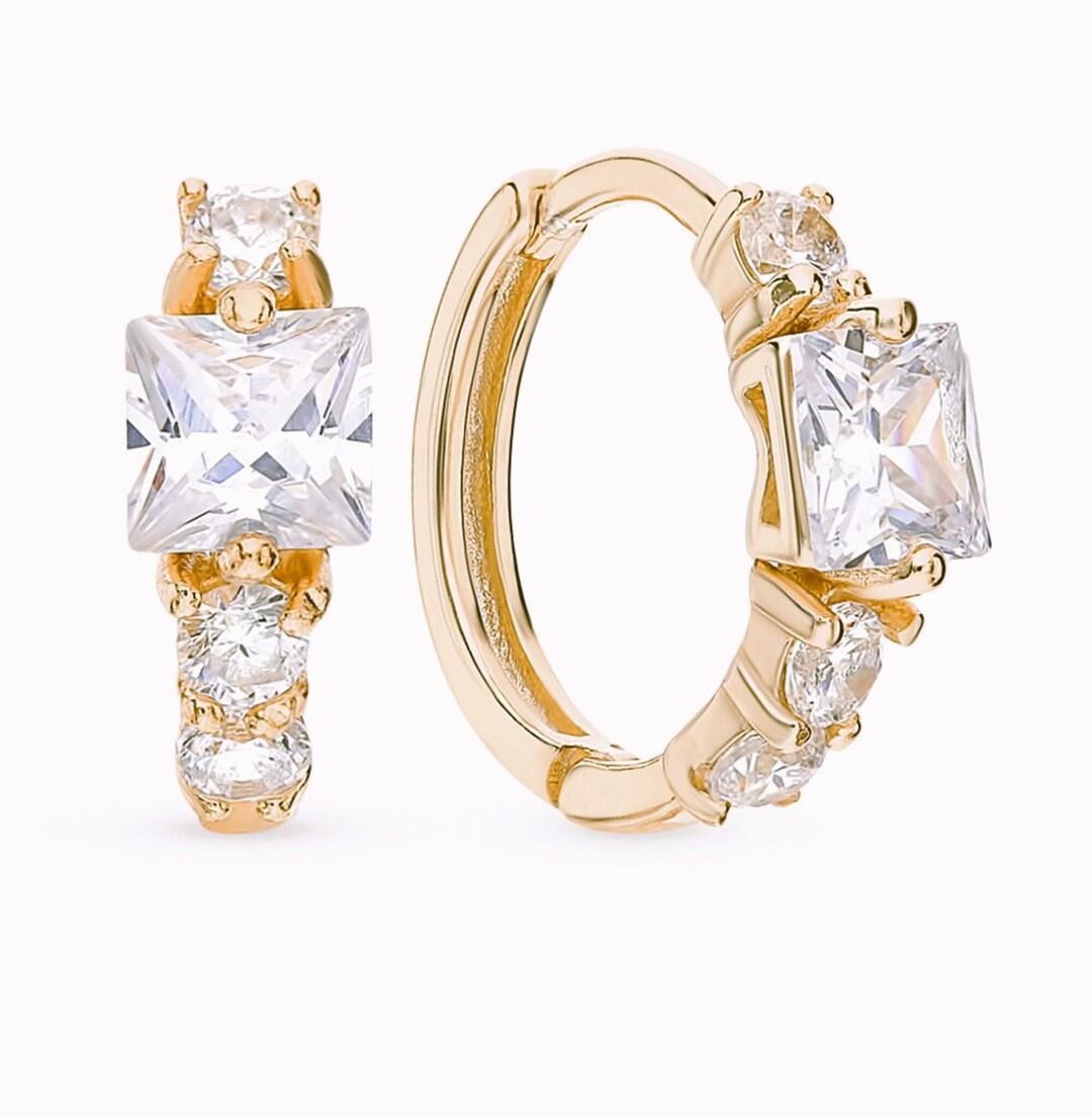 14k Gold Princess Diamond Huggies Earring, Princess Cut Earring ...