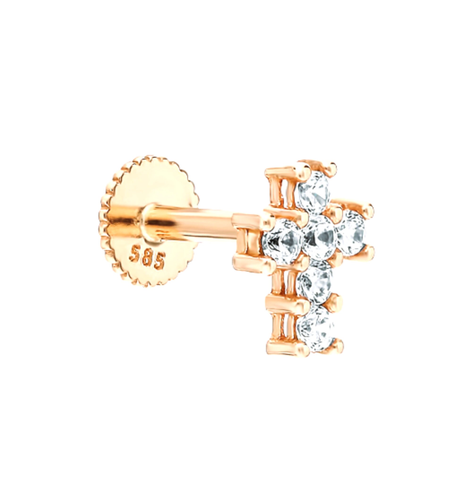 Diamond Cross Stud Earring, 14K Solid Gold Cross Piercing, Tiny Diamond ...