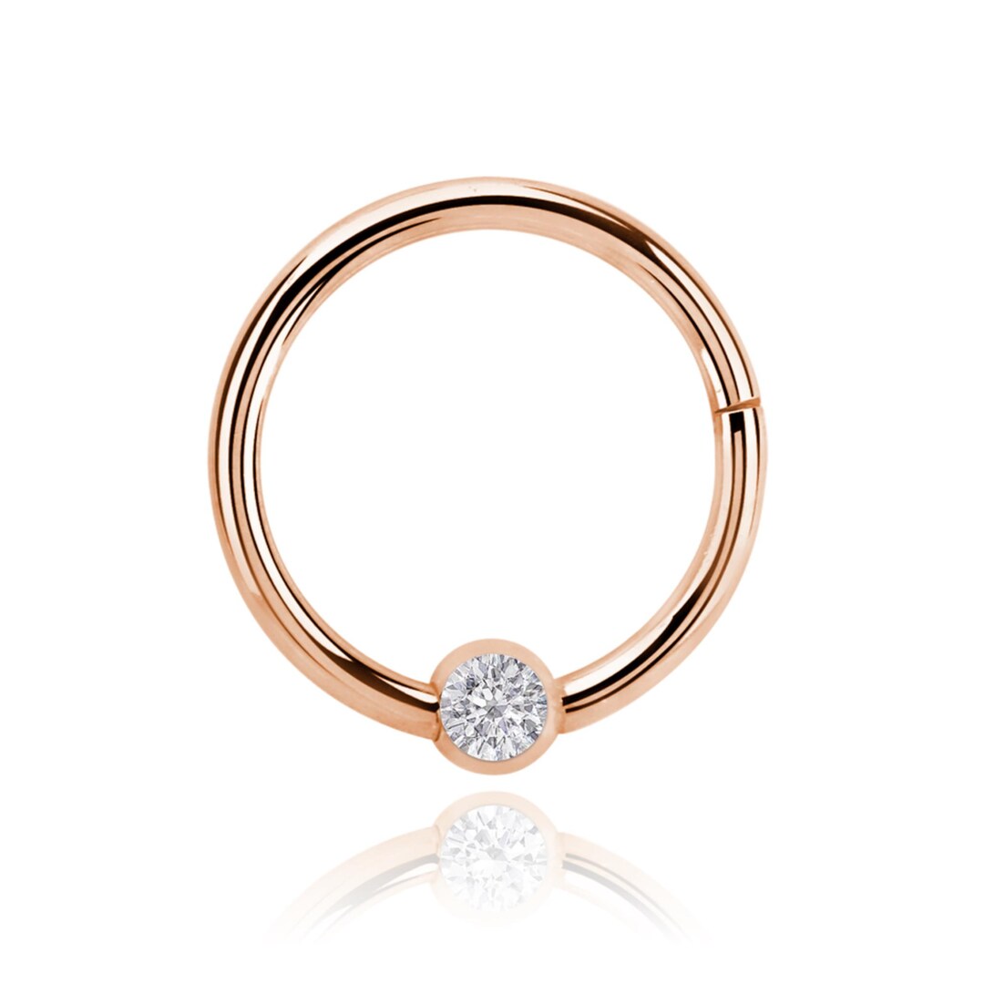 14K Gold Diamond Daith Earring, Bezel Diamond Septum Hoop, Hinged Lock ...