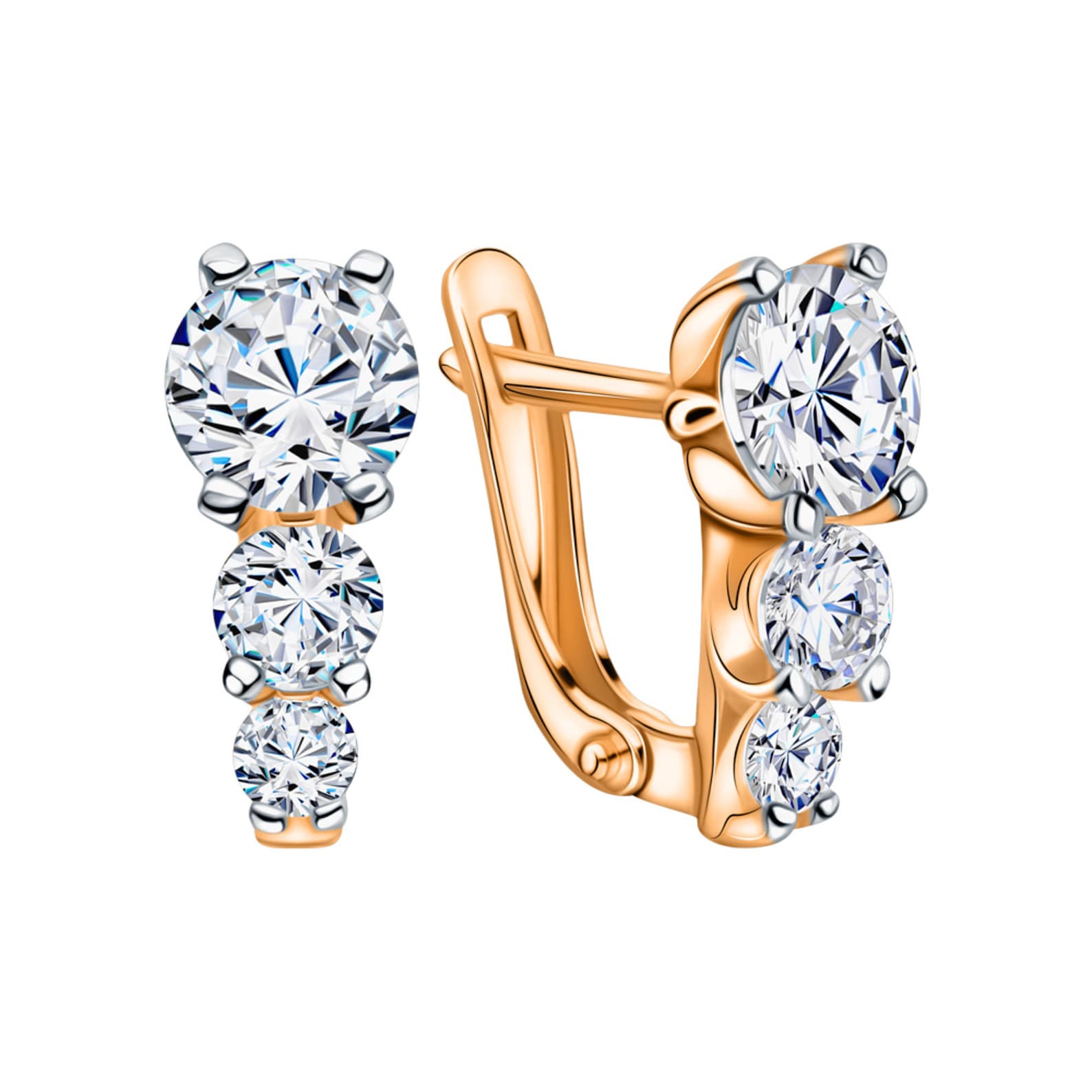 Three Stone Diamond Hoop Earring, 14k Gold Round Brilliant Earring ...