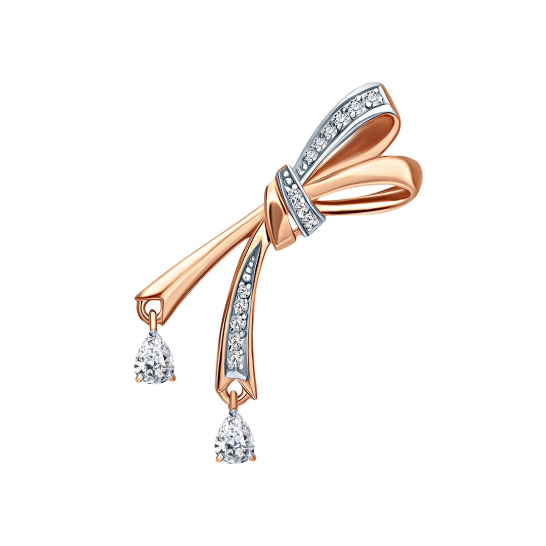 Diamond Bow Dangle Ribbon Pin, 14K Gold Ribbon Brooch, Openwork Brooch ...