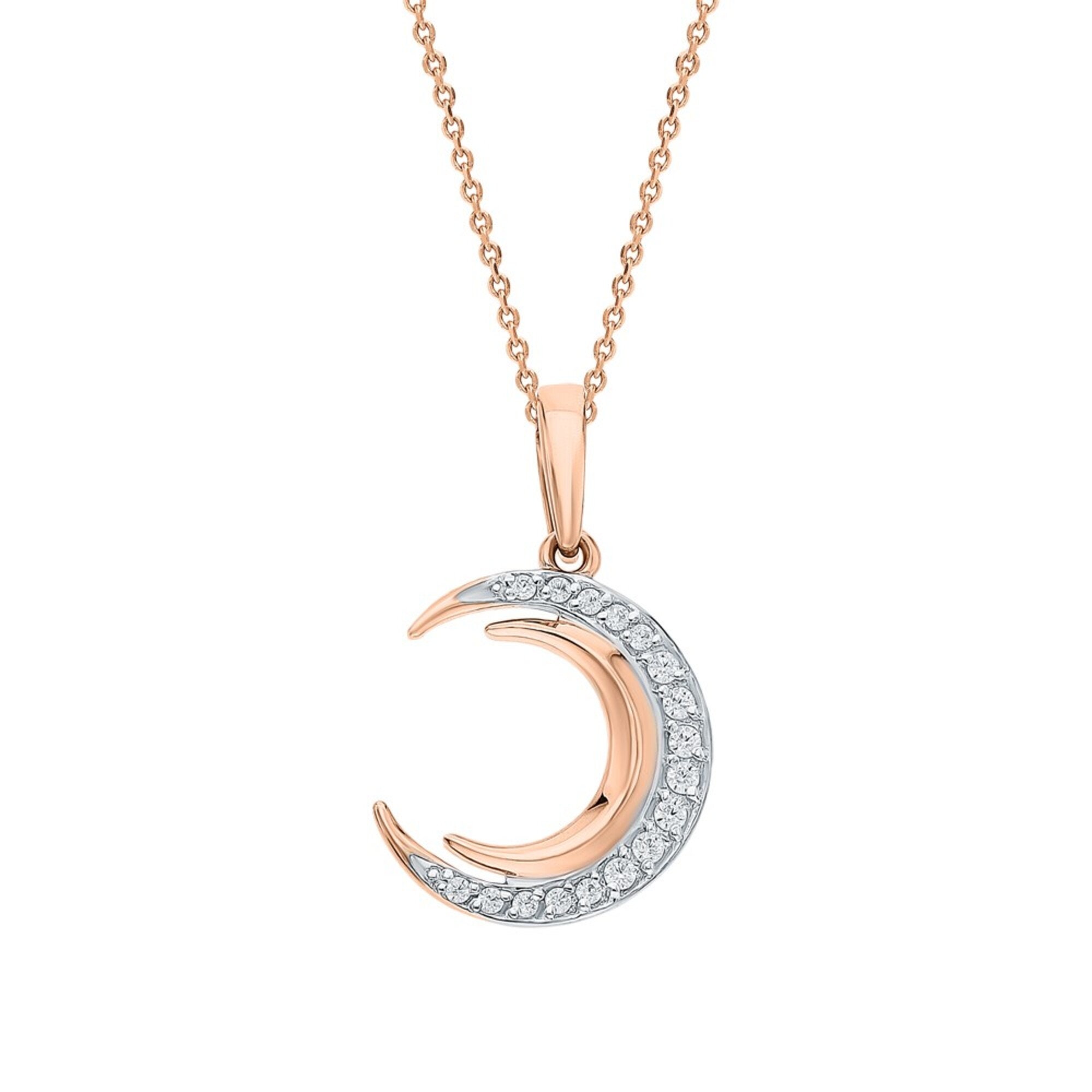 Crescent Moon Diamond Necklace, Double Moon Pave Diamond Necklace, 14K ...
