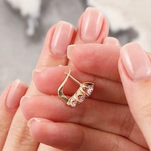 Three Stone Diamond Hoop Earring, 14k Gold Round Brilliant Earring ...