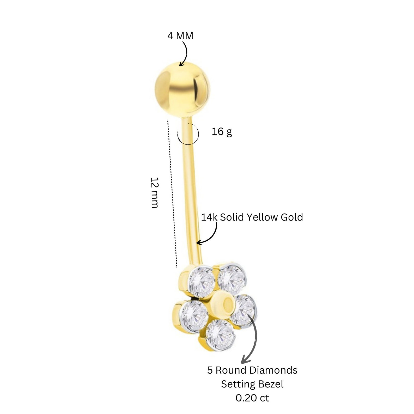 14K Gold Flower Belly Button Ring | Dangle Navel Piercing Bar | Solid ...