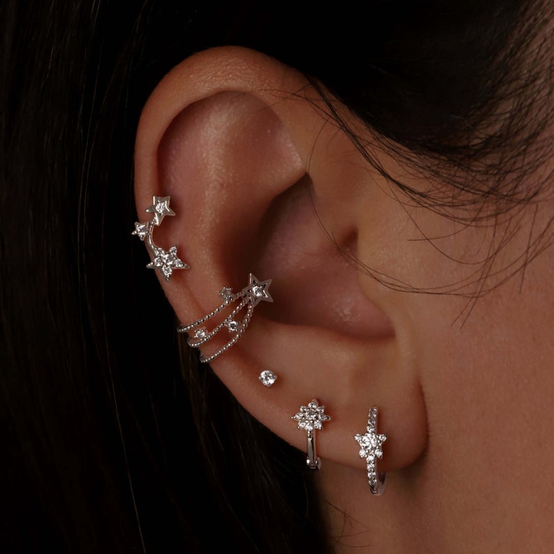 Tiny Diamond Star Ear Climber 14K Triple Star Helix Earring - Etsy