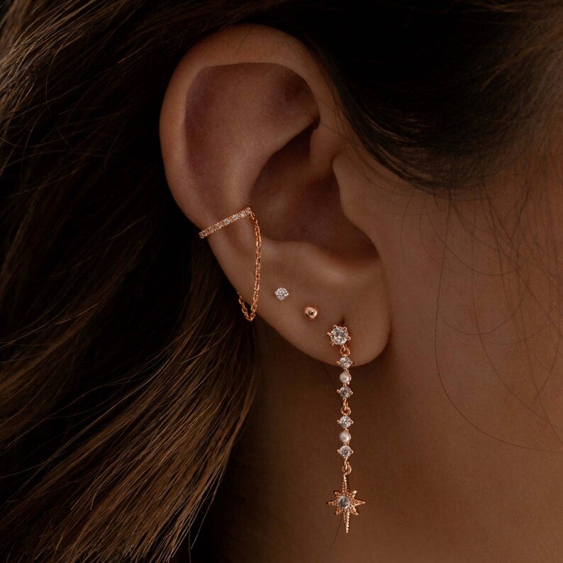 Pave Diamond Ear Cuff Chain Earring • 14k Gold Threader Earring • Chain ...