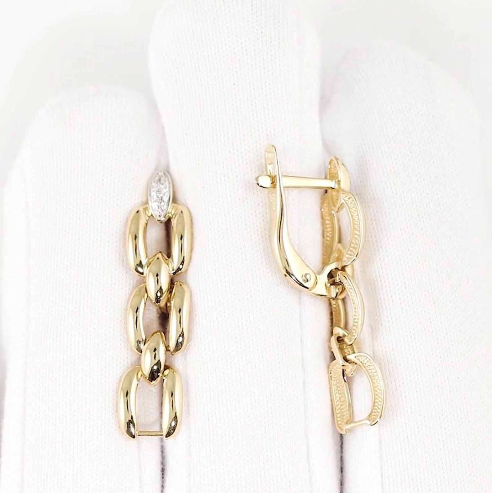 Oval Link Linear Drop Dangle Earring, 14k Gold Cuban Chain Link Earring ...