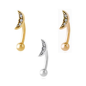Crescent Diamond Moon Rook Piercing, 14K Gold Half Moon Ball Earring ...