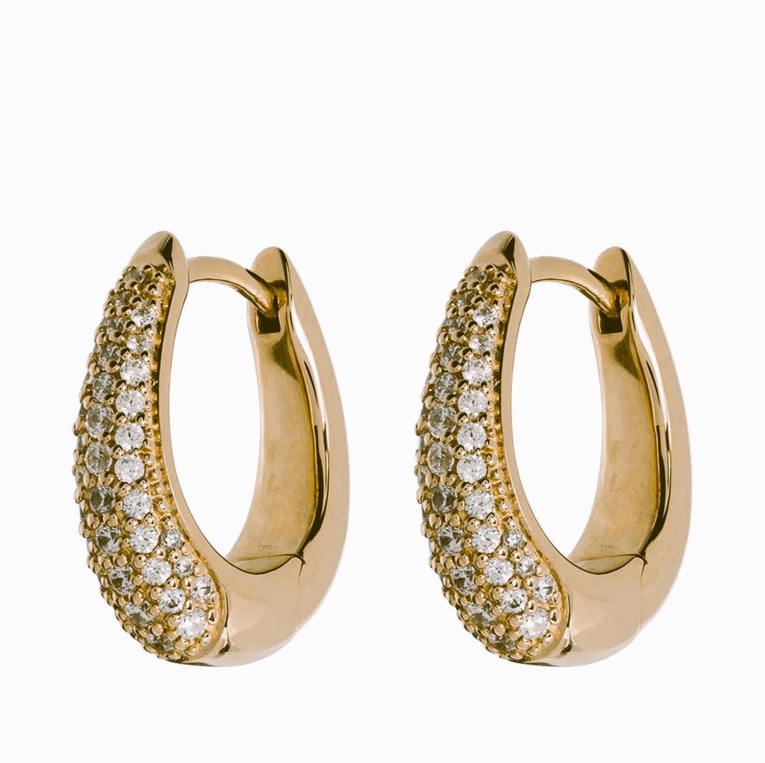 Pave Diamond Huggies Earring • 14k Gold Hoop Earrings • Thick Diamond ...