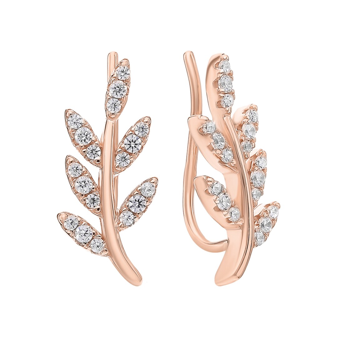 14K Gold Leaf Ear Crawlers, Diamond Vine Ear Climber Earrings ...