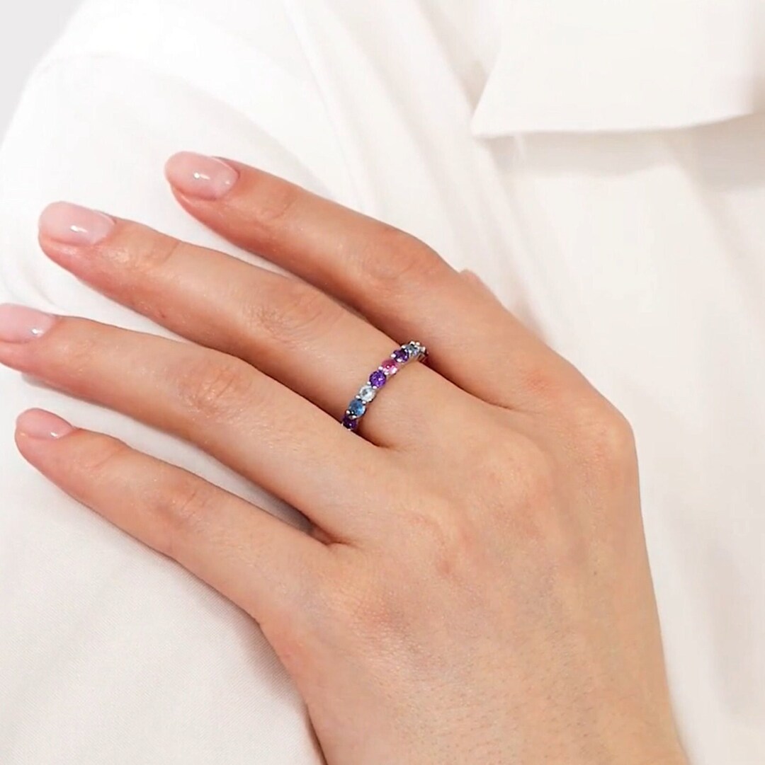 Multi Gemstone Band Ring, 14K Gold Rainbow Eternity Sapphire Ring ...