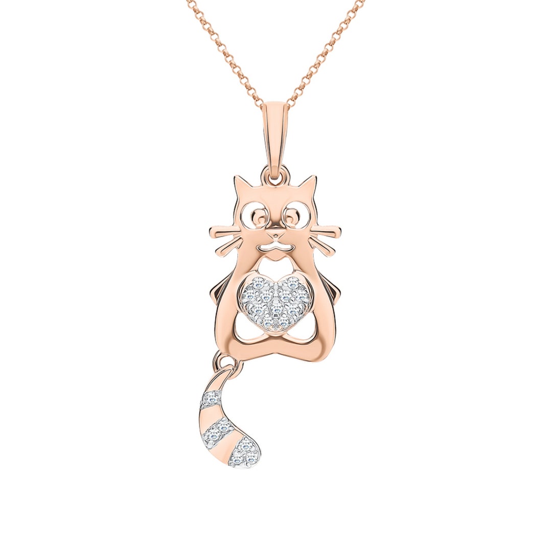 14k Solid Gold Diamond Kitty Cat Necklace, Diamond Heart Animal Gold ...