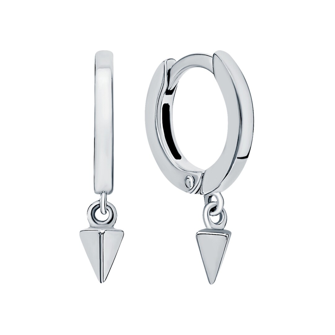 14k White Gold Spike Dangle Huggies Hoop, Pyramid Drop Huggies Earring ...