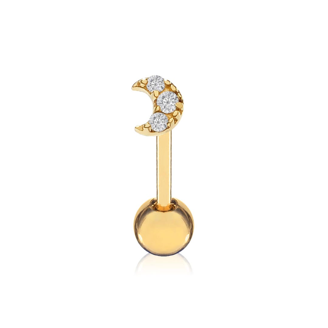 Diamond Moon Rook Piercing / 14K Gold Moon Threadless Ball Earring ...