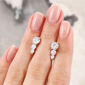 Three Stone Diamond Hoop Earring, 14k Gold Round Brilliant Earring ...