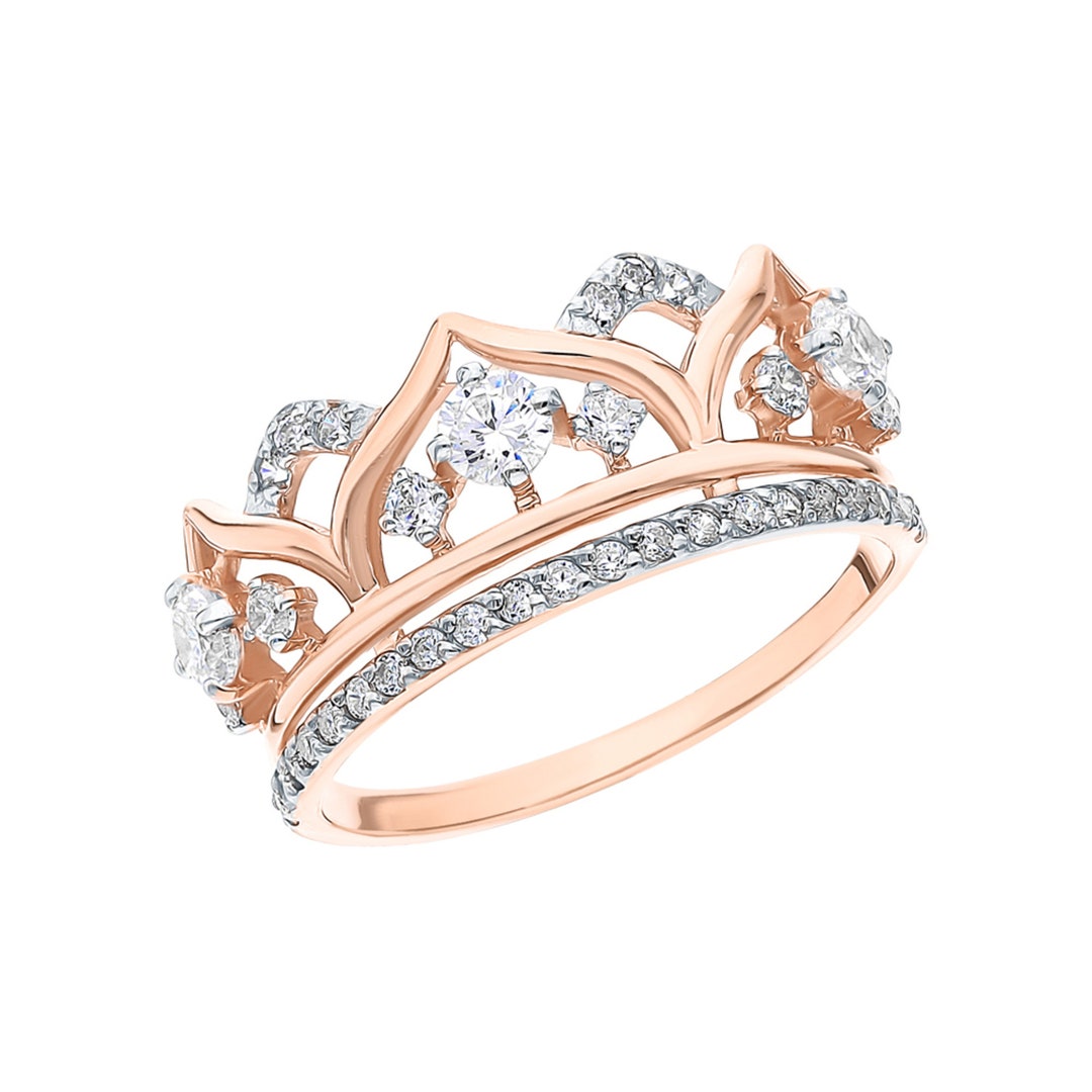 Princess Crown Diamond Wedding Ring, 14k Gold Round Cut Diamond Band ...