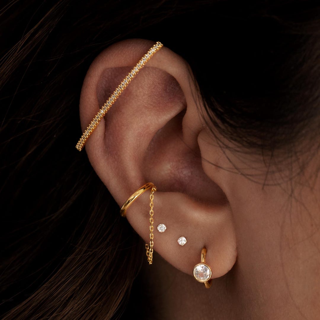 Single Bar Pave Diamond Ear Cuff Earring • 14k Gold Threader Earring ...