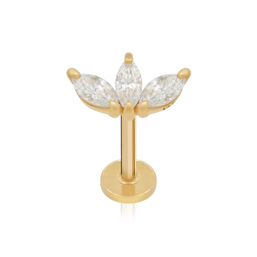 14k Gold Labret Tragus Piercing, Three Leaf Diamond Piercing, Lotus ...