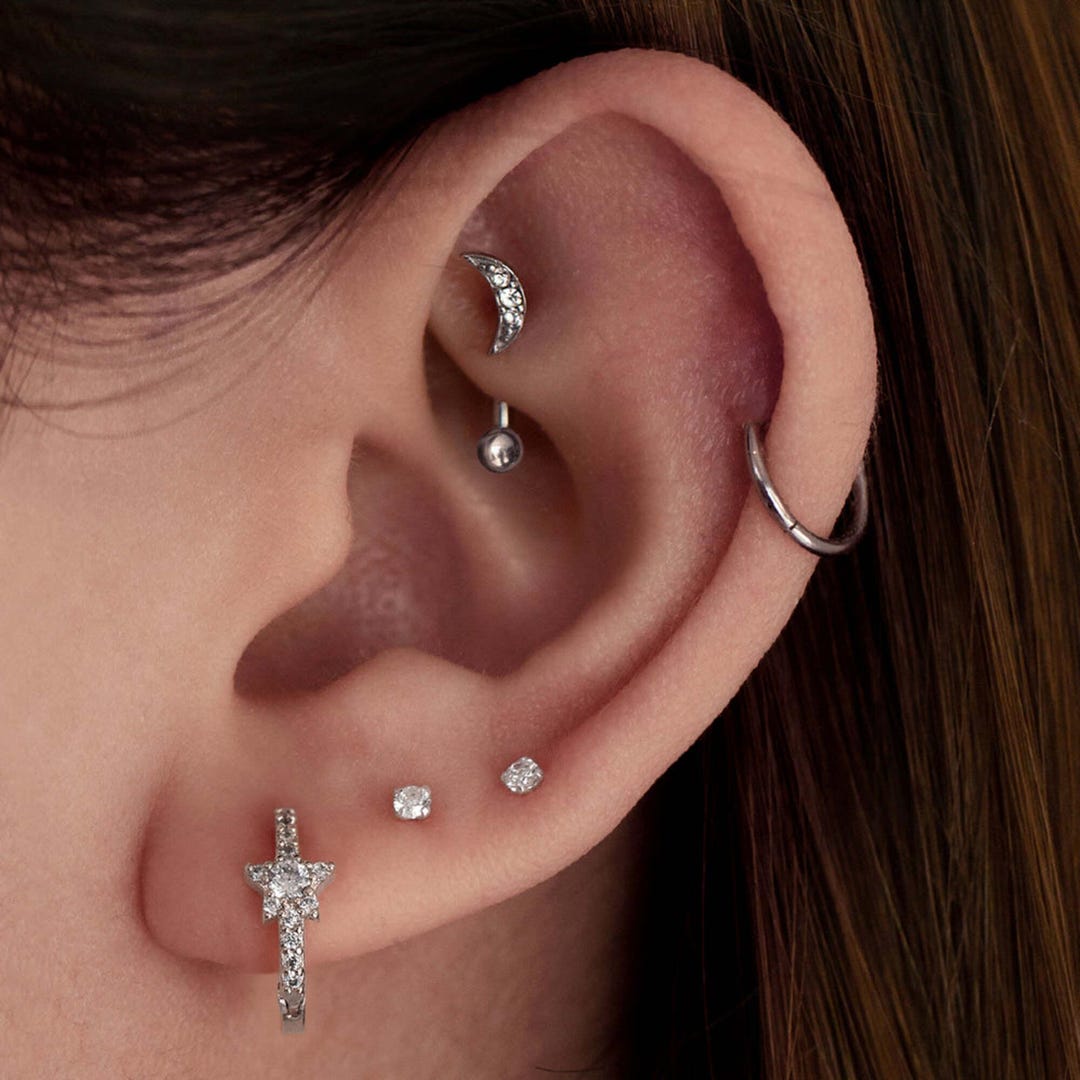 Crescent Diamond Moon Rook Piercing, 14K Gold Half Moon Ball Earring ...