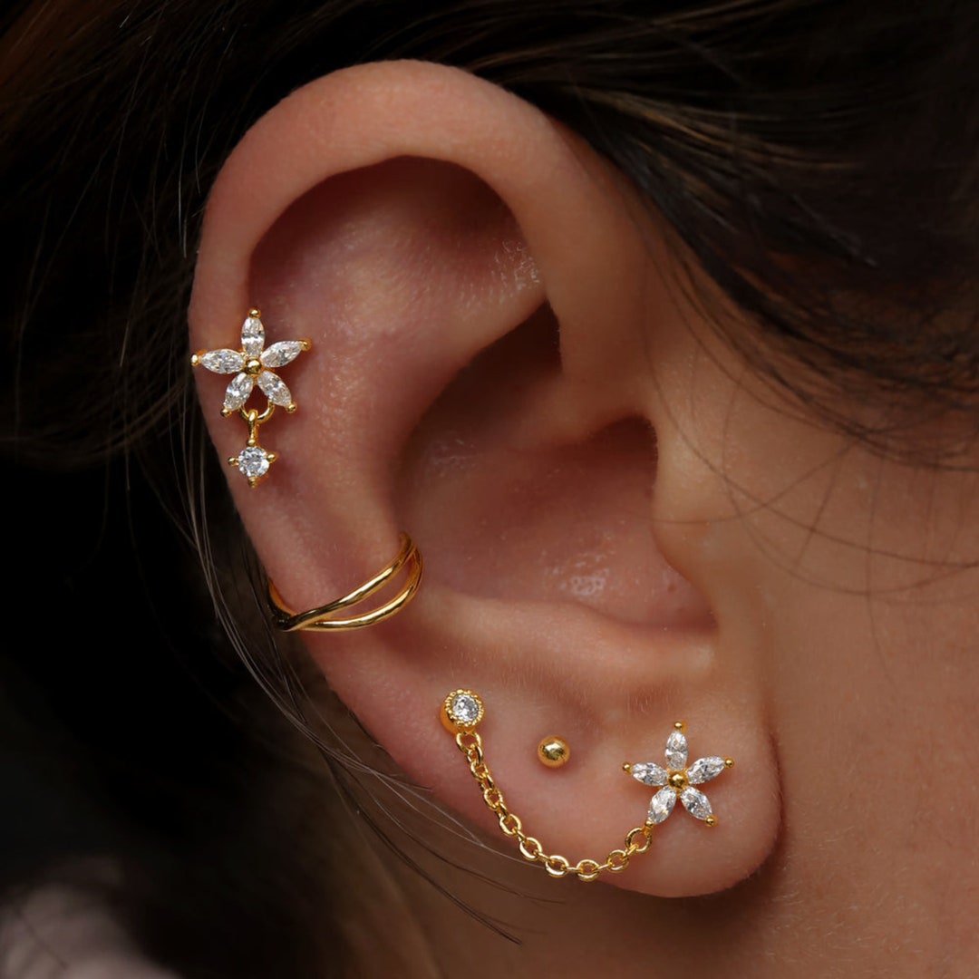 14k Gold Cartilage Flower Piercing, Helix Piercing, Marquise Drop ...