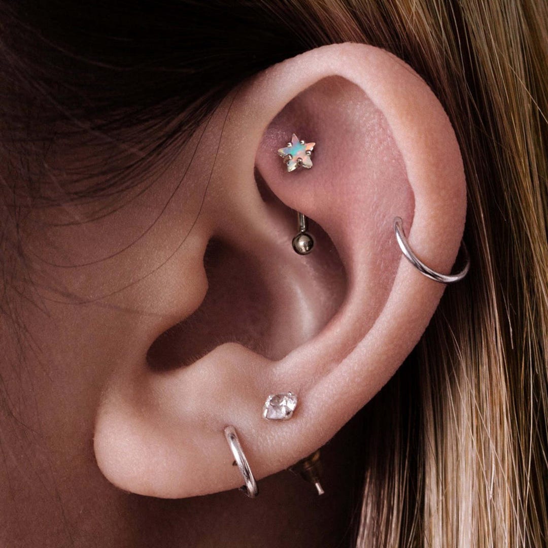 16g Stardust Opal Rook Piercing, 14K Gold Opal Curved Barbell, Star ...