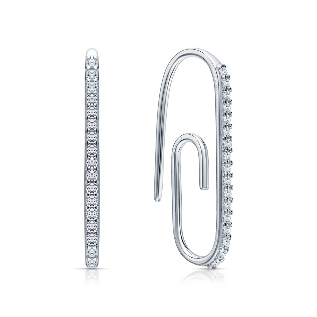 14k Gold Pave Diamond Paper Clip Earring, U-shaped Pin Dangle Stud ...