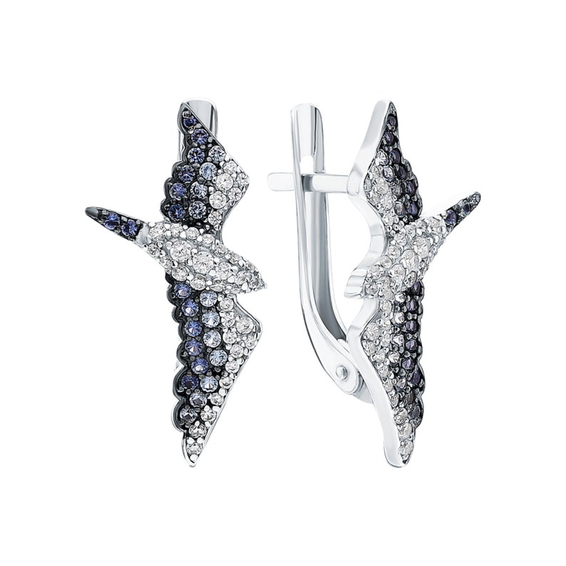 14k Gold Flying Bird Diamond Hoop, Blue Sapphire Hoop Earring, Wings of ...