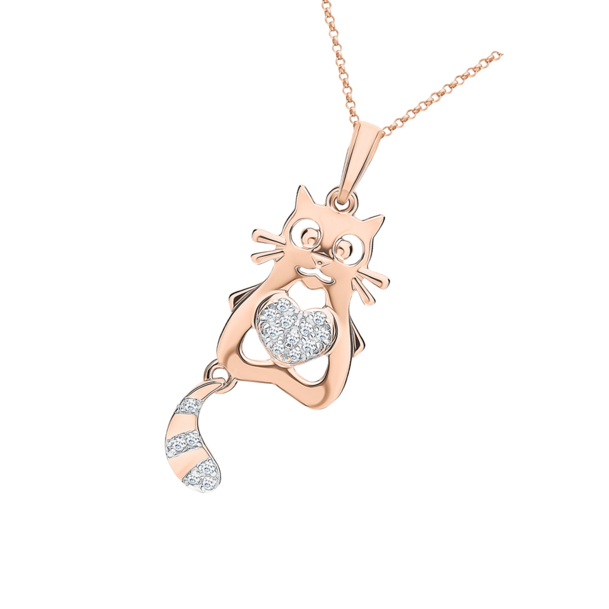14k Solid Gold Diamond Kitty Cat Necklace, Diamond Heart Animal Gold ...